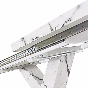 Modern Marble Top Dining Table, Extendable Marble Dining Table for 4-6, Expandable Dining Table with Faux Marble Top and Crossed Pedestal Base, Large Dining Table for Dining Room Kitchen (White)