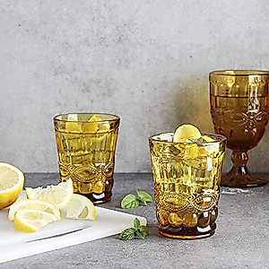 WHOLE HOUSEWARES | Amber Glassware Vintage-Pressed Pattern Set of 6 | 8 oz Embossed Design | Amber Drinking Glasses | For Weddings, Dinners, and Parties | Amber Glasses Drinking
