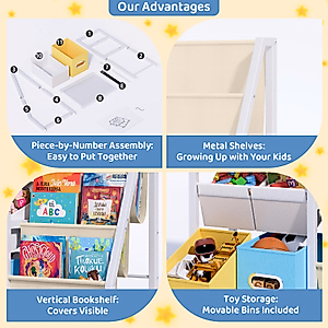 Kids Bookshelf Toy Storage Organizer - Book Shelf for Kids Rooms, 6 Toy Bins for Kids Organizer and 3 Sling Kids Bookcase, Toddler Baby Montessori Nursery Bookshelf Childrens Book Rack Display