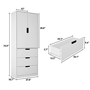 Homsee Wardrobe Armoire with 2 Doors, Hanging Rod & 3 Drawers, Wooden Closet Storage Cabinet with Adjustable Hanging Rod for Bedroom, White (27.6”L x 15.7”W x 70.9”H)