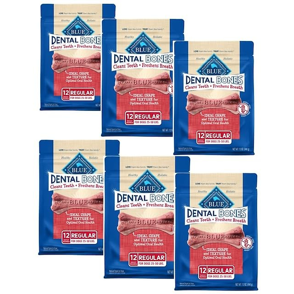 Blue Buffalo Dental Bones Regular Dental Chew Dog Treats, (for 25-50 lb Dog) 12 oz Bag (6 Pack)