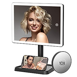 FUNTOUCH Rechargeable Makeup Mirror with Lights, 96 LED Lighted Makeup Vanity Mirror with Phone Holder and 10X Magnifying Mirror, 3Color Lighting Light Up Cosmetic Mirror with Dimmable Sensor Touch