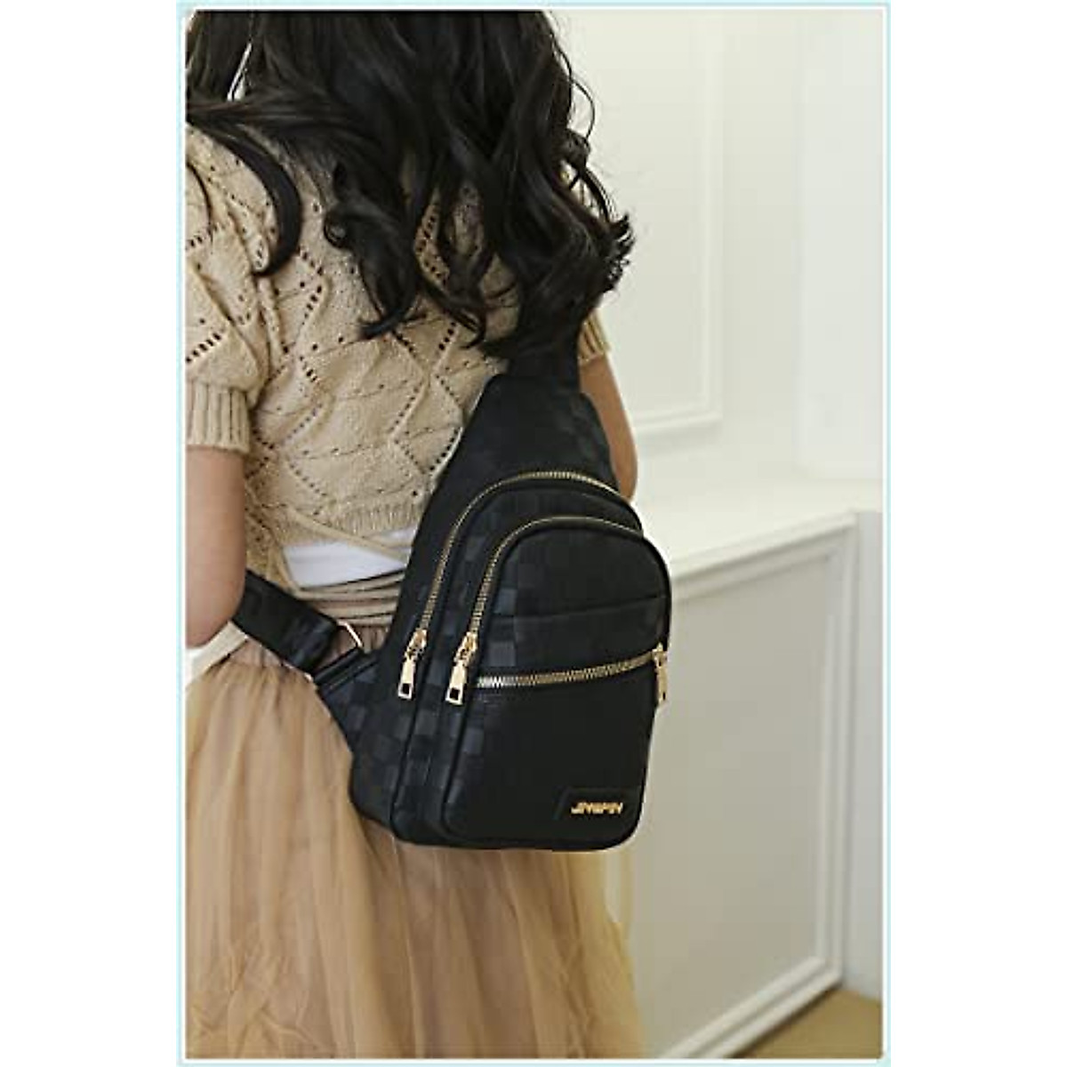 OANEXX Chest Sling Bag Women Crossbody Shoulder Sling Backpack Checkered Chest Fanny Daypack Adjustable (Black-1)