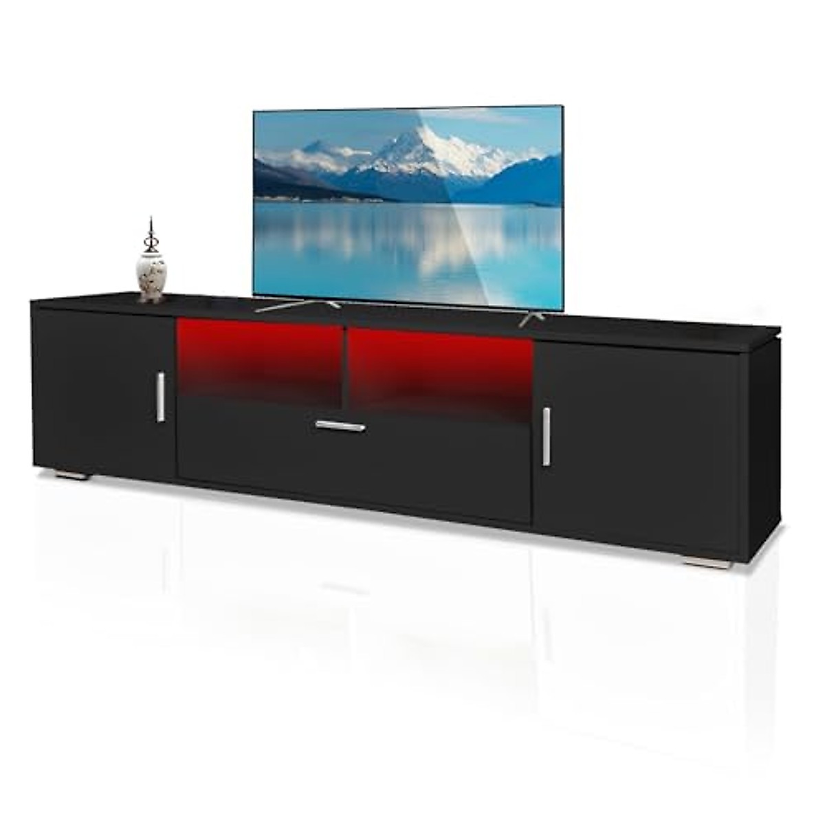 63 Inch LED TV Stand with Drawers,Modern Entertainment Center for TVs Up to 75’’,RGB Color Changing High Gloss TV Stand,Wood TV Console Cabinet for Gaming Living Room Bedroom and Office Black