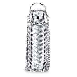 RLMOON Bling Water Bottle Rhinestone Diamond Stainless Steel Glitter Insulated Bottle Vacuum Flask Sparkling Thermal Bottle with Chain Refillable Water Bottles for Women