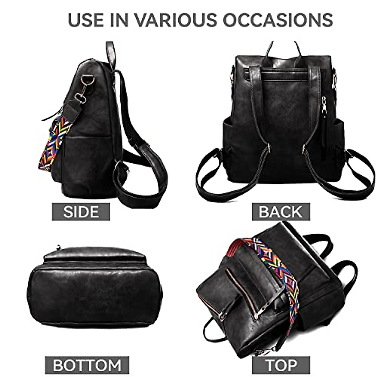 Leather Backpack Purse for Women Large Designer Travel Ladies Satchel Handbag Convertible College Daypack Shoulder Bags (2-black)