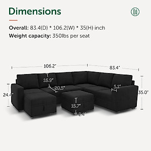 HONBAY Modular Sectional Couch with Storage, Velvet U-Shaped Sectional Sofa with Storage Ottoman Convertible U-Shaped Sofa for Living Room, Black