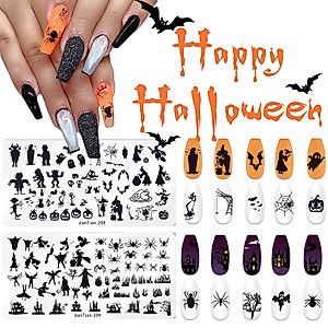 8 PCS Halloween Nail Art Stamping Plates Skull Ghost Bat Spider Witch Halloween Designs Nail Art Plates Templates Nail Stamping Plates 1 Stamper 1 Scraper Lace for DIY Printing Manicure Decoration