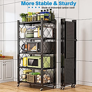 YKLSLH 5-Tier Collapsible Shelves Heavy Duty Folding Shelves Storage Rack with Wheels Portable Storage Shelving Unit for Garage Kitchen Holds up to 1250 lbs Capacity, Black