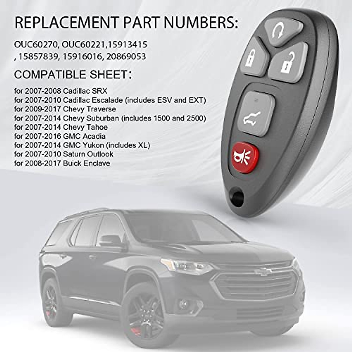 5 Buttons Keyless Entry Remote Control Car Key Fob for Chevy Traverse Tahoe Suburban/Buick Enclave/Cadillac Escalade/07-2016 GMC Acadia Yukon (OUC60270 OUC60221),Set of 1