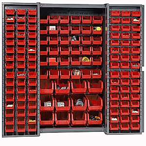 Global Industrial Bin Cabinet with 144 Red Bins, 38x24x72, Assembled