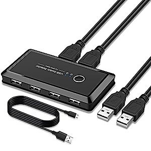 USB Switch Selector KVM Switch 2 Computers Sharing 4 USB Devices USB 2.0 Peripheral Switcher Box Hub for Mouse Keyboard Scanner Printer PCs with One-Button Swapping and 2 Pack USB A to A Cable