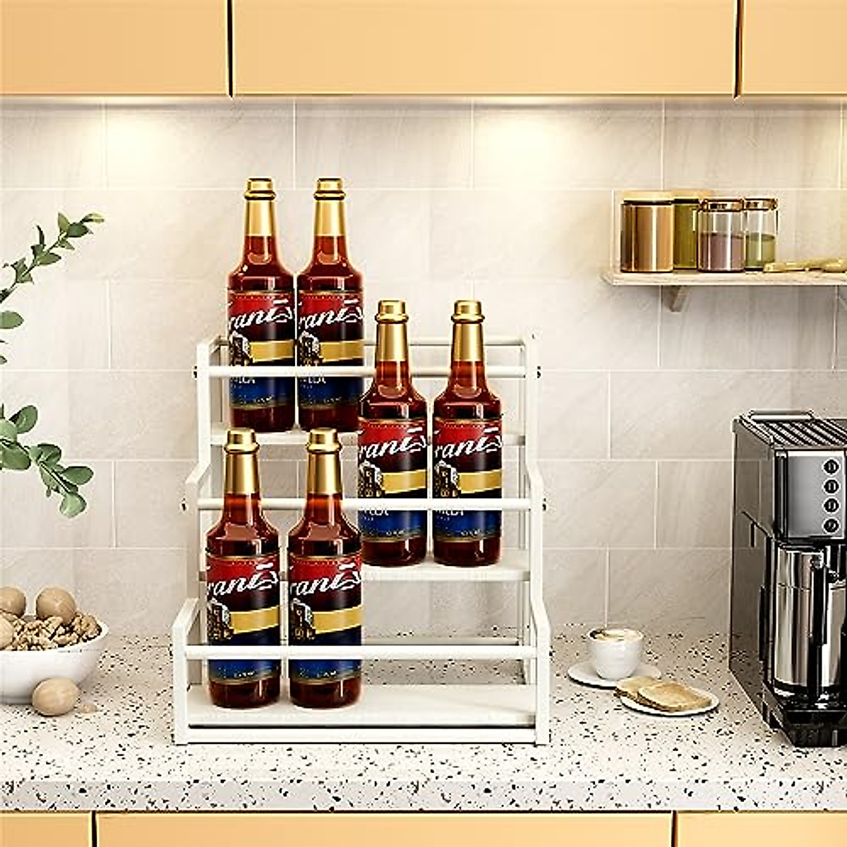ZGO 3 Tier Coffee Syrup Rack for Coffee Bar, Water Bottle Organizer for Cabinet, Simple Syrup Bottles Coffee Station Organizer for Countertop, Coffee Bar Accessories and Organizer(White)