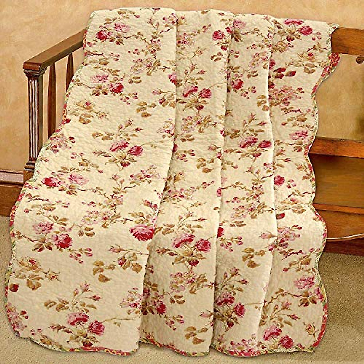 Cozy Line Home Fashions Rose Garden Vintage Floral Pink Khaki Scalloped Cotton Reversable Quilted Throw Blanket (60"x 50" inch)