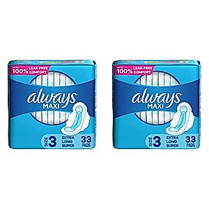 Always Maxi Feminine Pads for Women, Size 3 Extra Long Super Absorbency, with Wings, Unscented, 33 Count (Pack of 2)