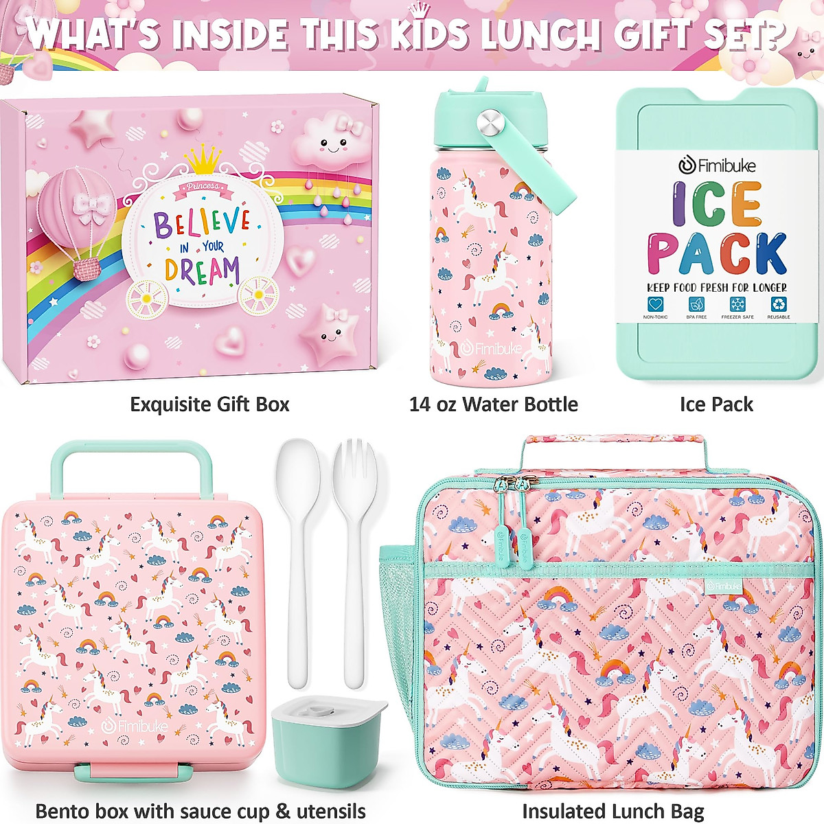 Fimibuke Kids Bento Lunch Box with 4 Compartments, Insulated lunch Bag, Stainless Steel Insulated Water Bottle, Ice Pack & Utensils, Unicorn Birthday Gifts for Ages 3-12 School Toddler Girls Boys