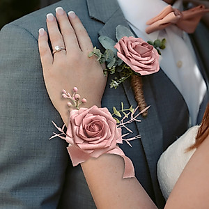 ANNKIN Dusty Rose Corsage and Boutonniere Set, Rose Boutonniere for Men Wedding, Prom Artificial Flower Wrist Corsage Bracelets, Homecoming Corsage Wristlet, Flowers Accessories Prom Suit Decorations