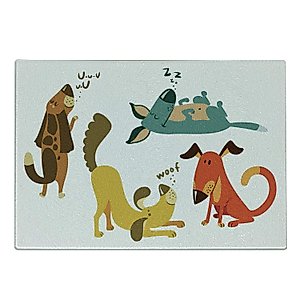 Lunarable Dog Lover Cutting Board, Dogs Playful Friendship Paw Sitting Sleeping Smiling Standing Humor Fun Art, Decorative Tempered Glass Cutting and Serving Board, Small Size, Multicolor