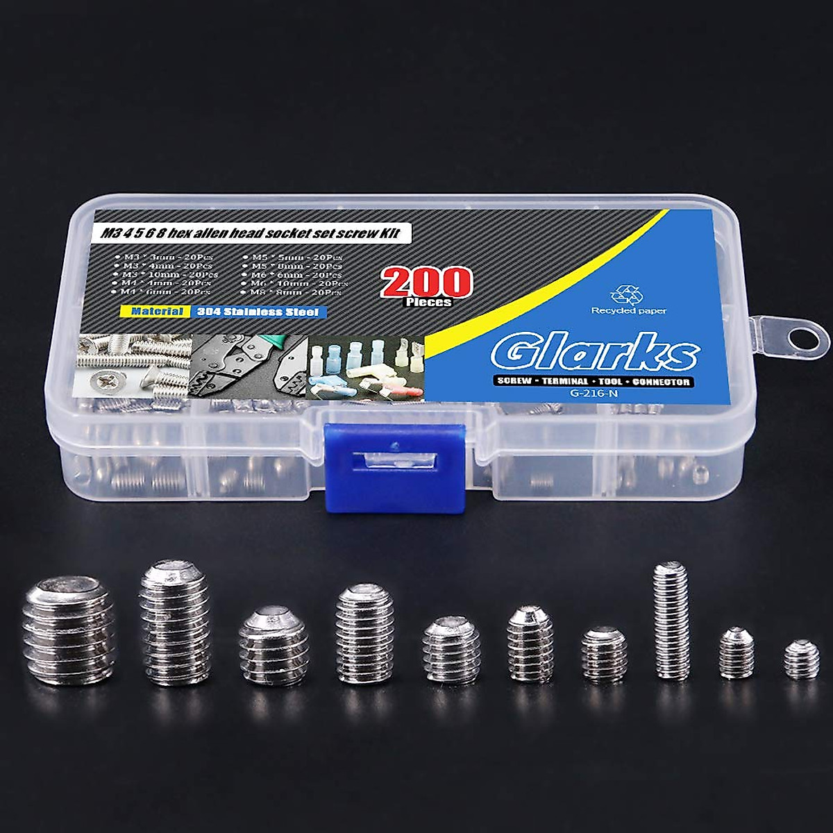 Glarks 200-Piece M3 4 5 6 8 Hex Allen Head Socket Set Screw Assortment Kit (304 Stainless Steel)