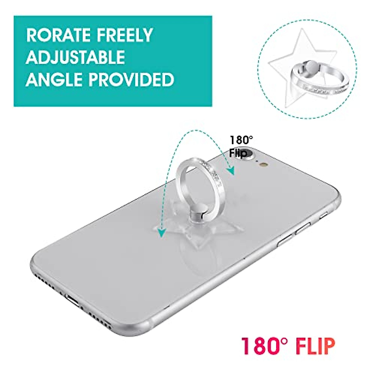 TIESOME Finger Kickstand Cell Phone Ring Holder, 3 Pcs Finger Ring Grip Stands 360° Rotation 180° Phone Ring Stand with Diamond Compatabile with Smartphones (Five-Pointed Star)