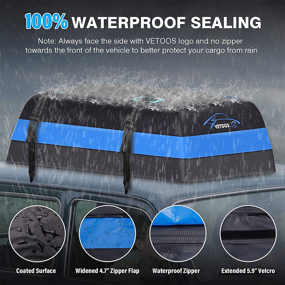 Vetoos 21 Cubic Feet Car Rooftop Cargo Carrier Bag, Soft Roof Top Luggage Bag for All Vechicles SUV with/Without Racks - Waterproof Zip, Anti-Tear 900D PVC, with Storage Bag & Anti-Slip Mat