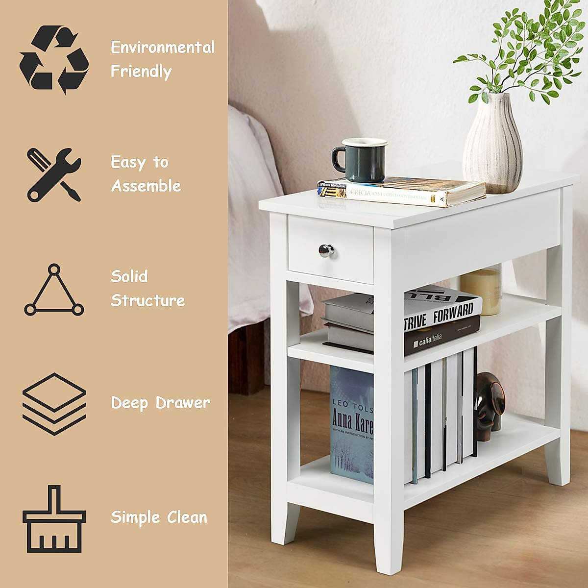Giantex Narrow End Table, Small Side Table with Drawer and Shelf, Wood Accent Sofa Table, Skinny Nightstand for Small Space Living Room Bedroom (1, White)