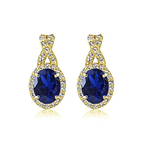 Sapphire Earrings for Women Trendy Fashion Yellow Gold Flashed Sterling Silver Created Blue Gemstone & White Topaz Oval X Drop Earring
