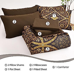 Boho Comforter Set Queen, Bohemian Black Bed in a Bag Bedding Set - 7 Pieces Black and Gold Reversible Comforter for Queen Size Bed, All Season Warm Lightweight Boho Bed Complete Set with Sheets
