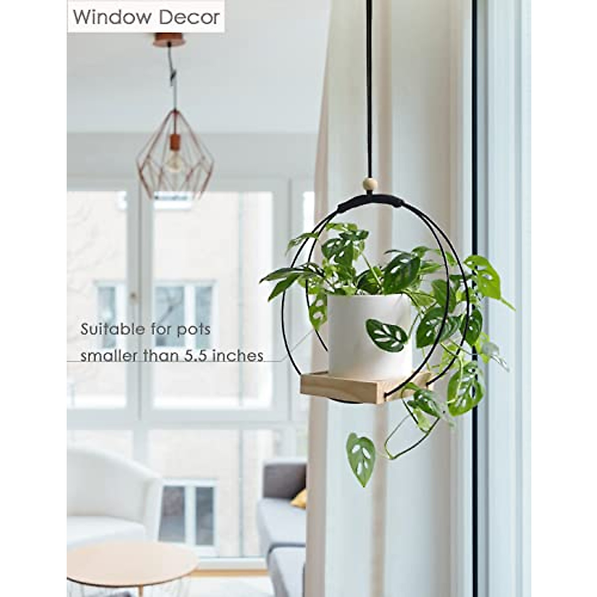 Dravmola Plant Hanger with Wood Base - Boho Macrame Hanging Plant Holder for Indoor Plants Hanging Planter for Wall/Window/Room Decor Black (Pot & Plant Not Included)