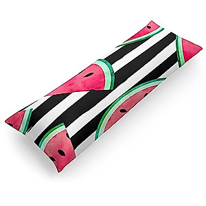 Body Pillow Cover with Zipper Closure, Super Soft and Cozy Body Pillow Case Cover Luxury Long Body Pillowcase Tropical Fruit Watermelon Pink Summer Stripe Black and White Background 20 x 54 Inches