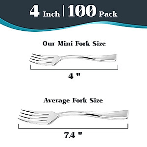 Kucoele 100 Pack Silver Mini Plastic Forks, 4 Inches Disposable Small Appetizer Forks Tiny Tasting Forks for Desserts, Strawberries, Charcuterie, Cake Pops, Cocktails, Fruits