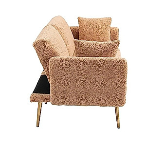 Eafurn Sherpa Teddy Futon Sofa Bed, Modern Boucle Upholstered Comfy Loveseat Couch Sleeper Sofabed with Golden Metal Legs and Throw Pillows, Small Folding Sofa&Couch for Home Office, Camel 65.35"