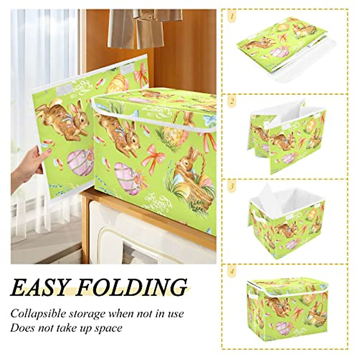 xigua Easter Storage Bins with Lids and Carrying Handle,Foldable Storage Boxes Organizer Containers Baskets Cube with Cover for Home Bedroom Closet Office Nursery