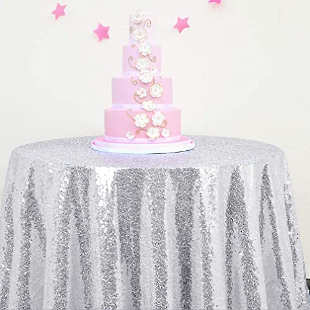 AIXHN Sequin Tablecloth Silver 48" Round Sparkly Elegant Drape Sequin Tablecloth for Wedding Party Cake Dessert Events Christmas Decorations