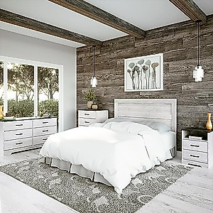 Prepac Rustic Ridge Farmhouse Bedroom Nightstand with 2 Drawers and an Open Cubby, Wooden Bedside Table for Bedroom, Office, or Living Room, 16.25in x 18.75in x 24.5in, Washed White