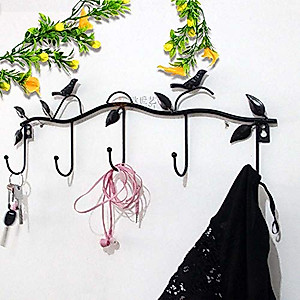 SUODAO Decorative Rustic Tree Branch & Birds Wall Mounted Metal 5 Coat Hook,Hanging Robe Hanger Leaf Coat Wall Decor Holder(Black)