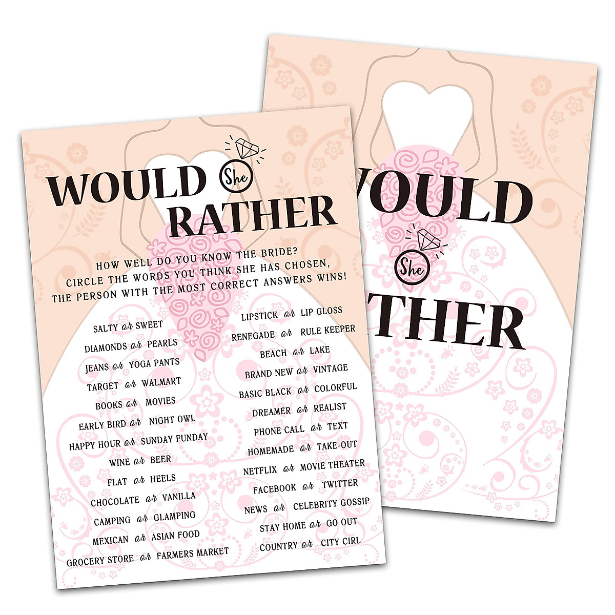 Huastatewolf Bridal Shower Game Cards, Would She Rather Game, Brid with Holding Flowers Pink Engagement Party Cards for Wedding, Set of 30 Cards(Dress003)