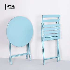 MoNiBloom 3 Piece Patio Bistro Set, Folding Outdoor Metal Patio Furniture Sets Round Table and Chairs for Porch Yard Balcony Garden, Blue