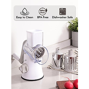 LucGee Rotary Cheese Grater with Handle - 3 in 1 Cheese Shredder Rotary Grater Stainless Steel Handheld, Vegetable Slicer for Fruit, Cheese, Nuts(White)