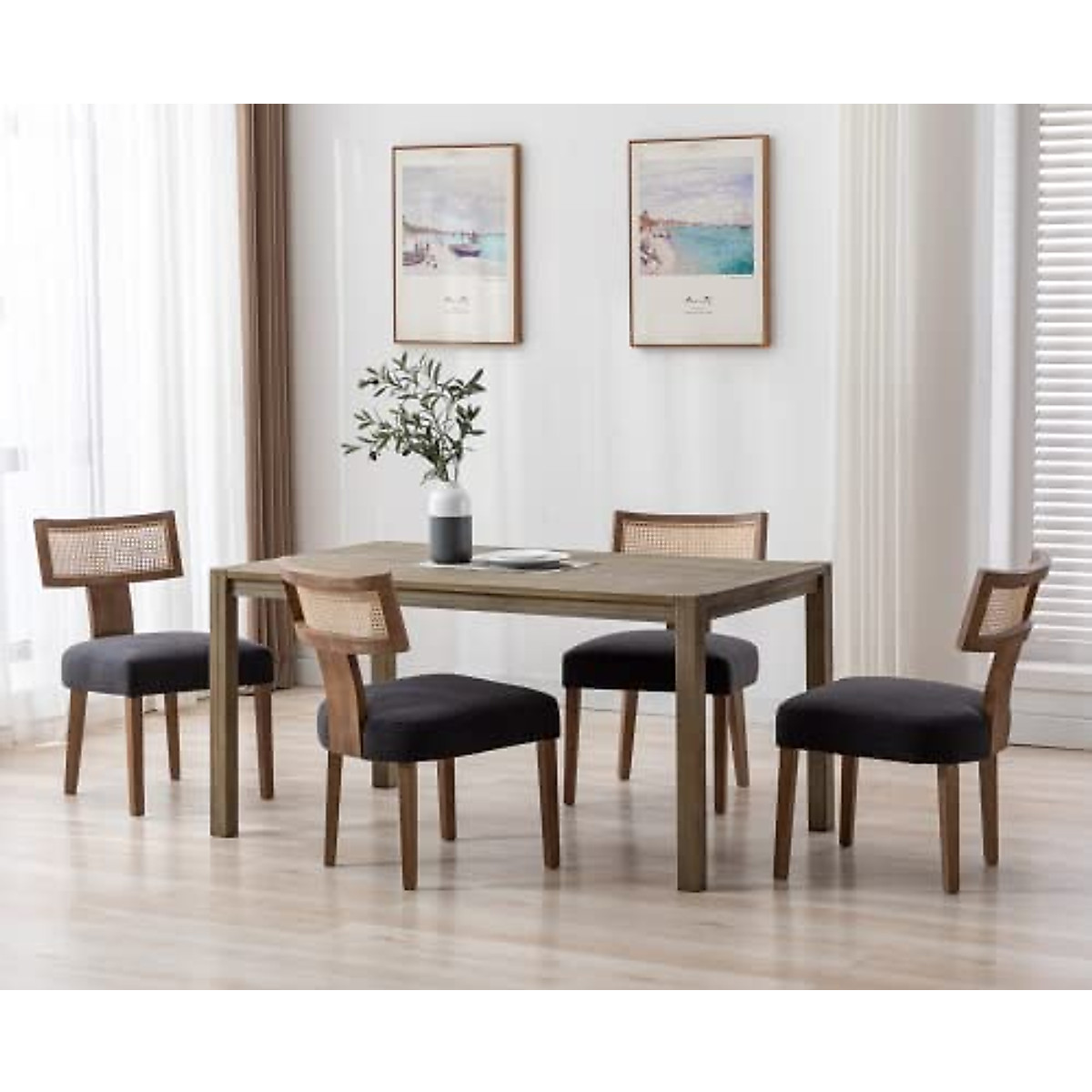 CIMOTA Upholstered Rattan Dining Chairs Set of 2 Mid Century Modern Kitchen & Dining Room Chairs Linen Farmhouse Armless Side Chair with Wood Frame/Curved Backrest, Charcoal