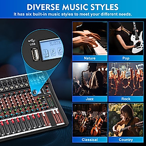 Audio Mixer 16 Channel Bluetooth Live Studio LED Display Professional USB Mixing Console with 3-Band EQ Sound Board Console DJ Studio Audio Mixer for PC Recording Music (16 Channel)