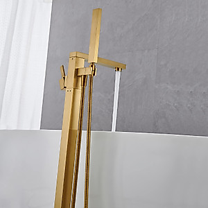 Wowkk Freestanding Bathtub Faucet Tub Filler Brushed Gold Floor Mount Bathroom Faucets Brass Single Handle with Hand Shower