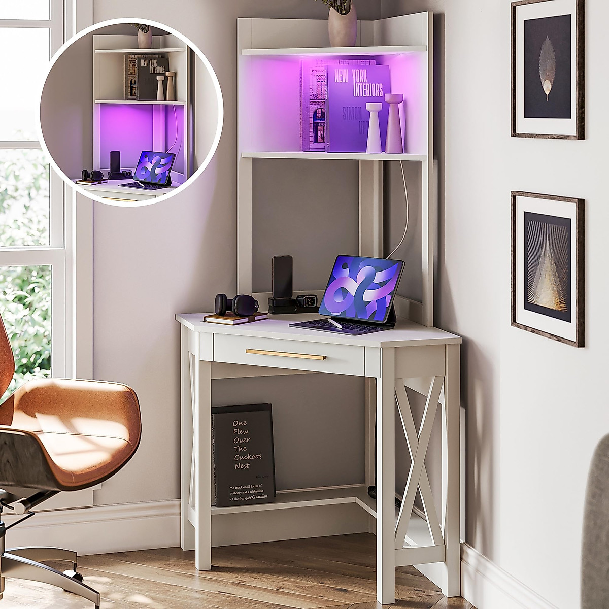 BELLEZE Corner Desk with Hutch, Compact Home Office Desk with Display Shelf and Drawer, Space Saving Writing Desk with Charge Outlets and LED Lights for Living Room, Bedroom - Tate (White)