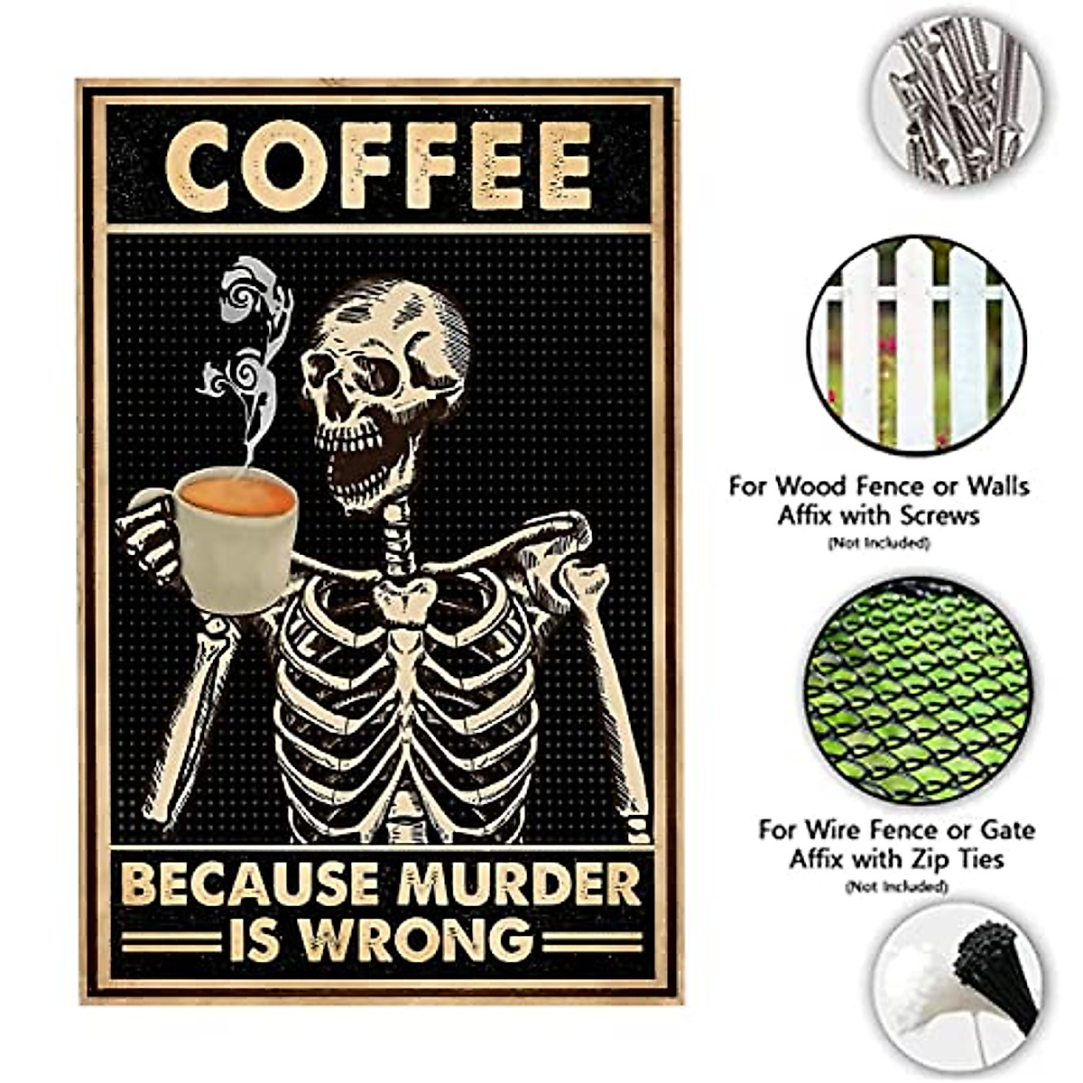 Coffee Because Murder Is Wrong Skull Tin Sign Funny Poster Old Fashioned Black Skeleton Coffee Lover Gifts Coffee Shop Kitchen Coffee Area Coffee Bar Art Wall Decor Metal Tin Sign 8x12 Inch