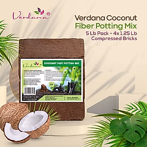 Verdana Coconut Fiber Potting Mix – 5 Lb Pack - 4x 1.25 Lb Compressed Bricks - Coco Coir, Coco Peat, Coir Pith - Alternative to Peat Moss – Soilless Growing Medium - Low EC, Optimum pH, High Expansion