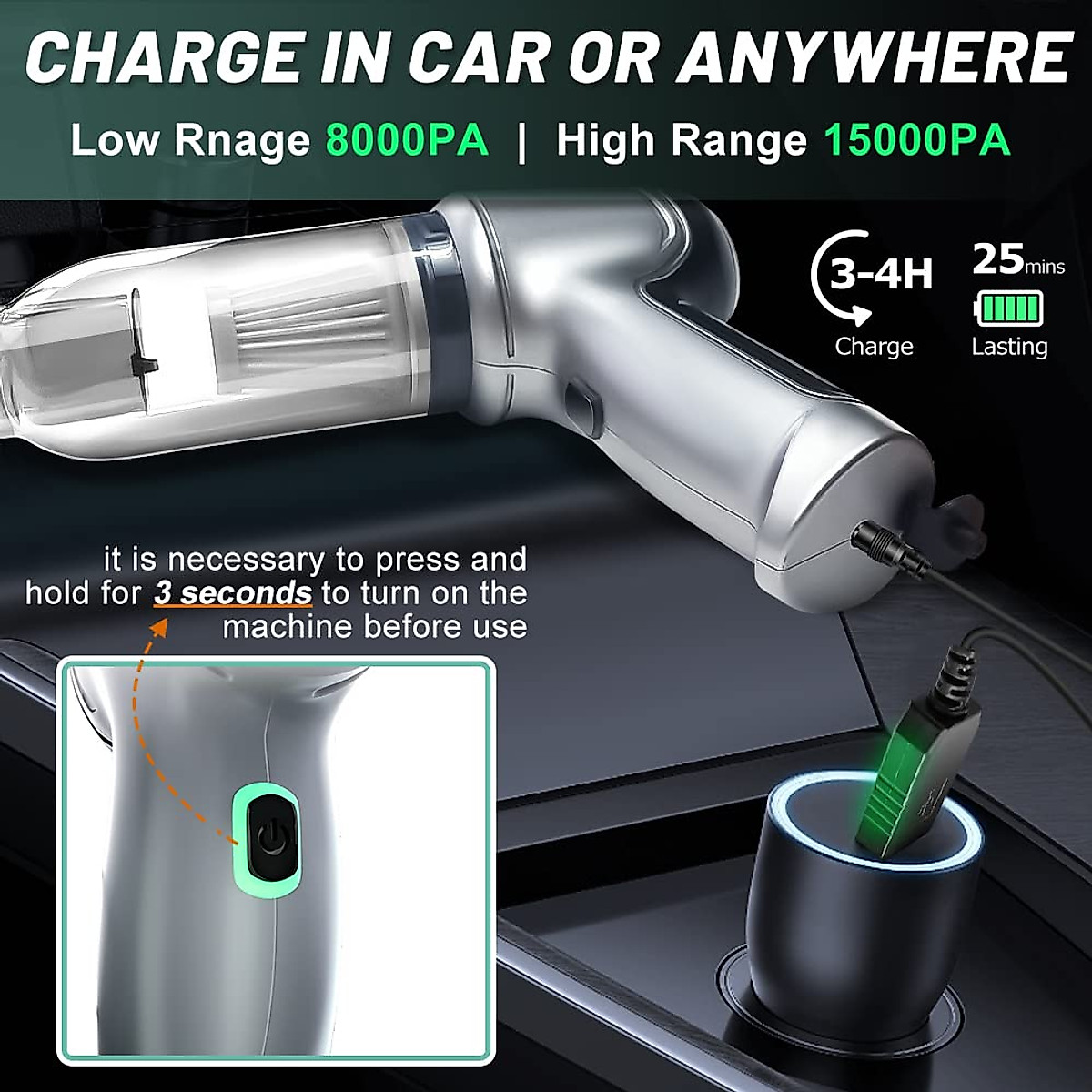 ekbas Car Vacuum Portable Cordless -15000PA 3 in 1 Car Vacuum Cleaner High Power, Brushless Motor Handheld Vacuum Cordless, Air Duster, Best Suction Vacuum for Car, Home, Office, Pet