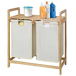 Bellzacasa Bamboo Laundry Hamper Shelf 2 Section Hamper Laundry Basket Bamboo Laundry Organizer with 2 Removable Beige Liner Bag For Bathroom Living Room Bedroom