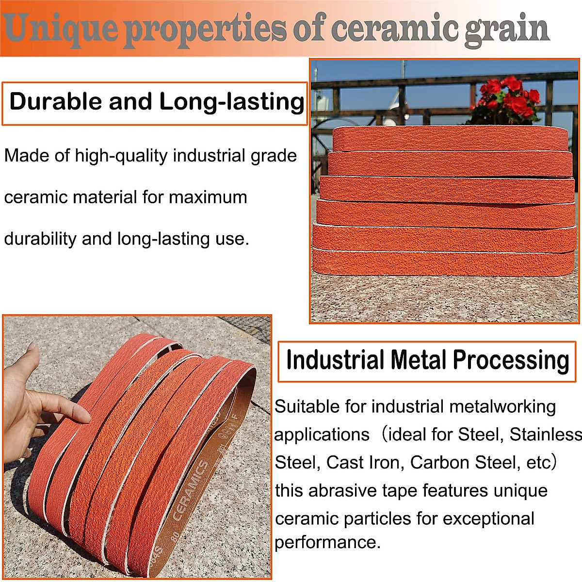 Tonmp 6 Pack 2 x 72 Inch Metal Grinding Ceramic Sanding Belts Kit -1 Pcs Each of 36 40 60 80 100 and 120 Grits Premium Sharpening Sander Belts (2x72 Inch)