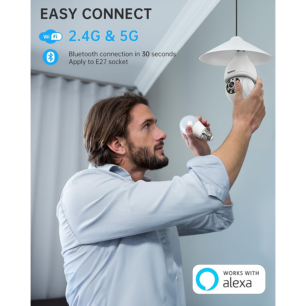 WESECUU Light Bulb Security Camera, 2.4G/5G WiFi Security Cameras Wireless Outdoor Indoor for Home Security, 2-Way Talk, Human Detection, Color Night Vision, Compatible with Alexa