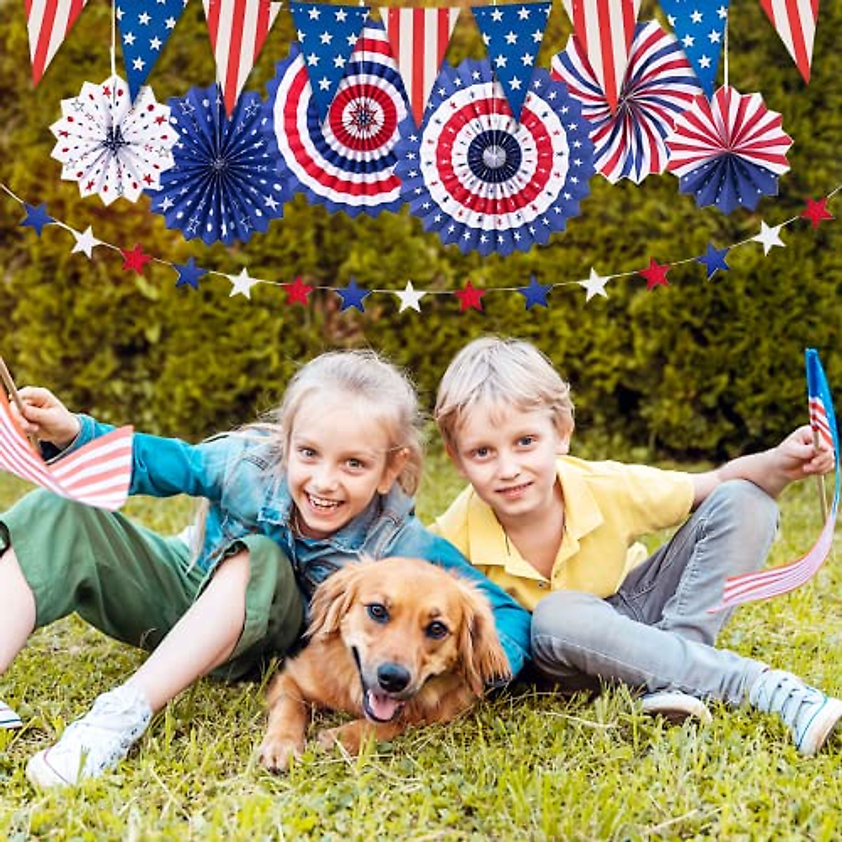 Fourth of July Decorations Red White Blue Decorations Set of Paper Fans, USA Flag Pennant Bunting, Pom Poms, Hanging Swirls, Star Streamer, Head Bopper for Memorial Day Veterans Decor